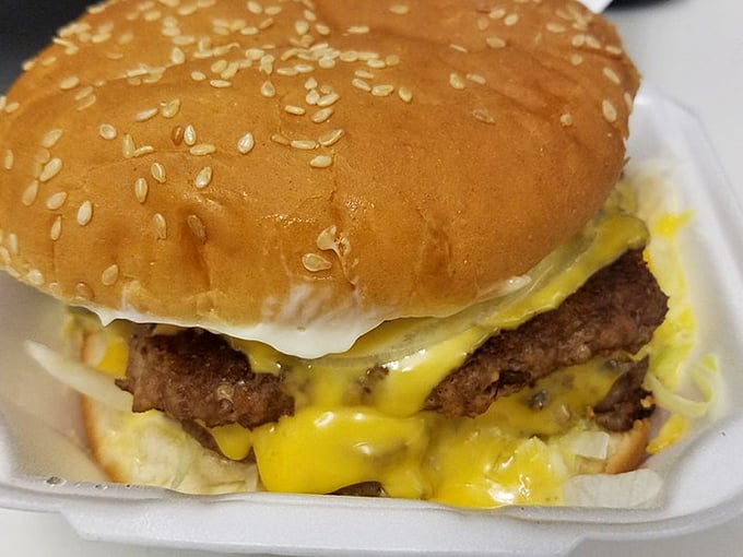 The classic cheeseburger – proof that sometimes the simplest pleasures are the most profound. Yellow cheese melting like sunshine on a beef horizon.