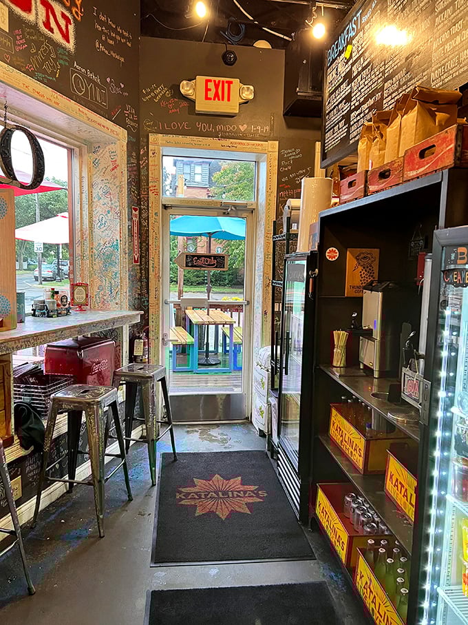 The exit door nobody wants to use—leaving means waiting until tomorrow for another taste of those addictive pancake balls.