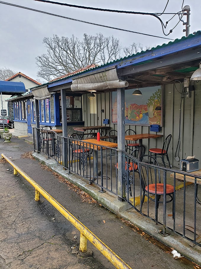 The modest patio seating area proves you don't need white tablecloths to create memorable dining experiences – just good food and Arkansas sunshine.