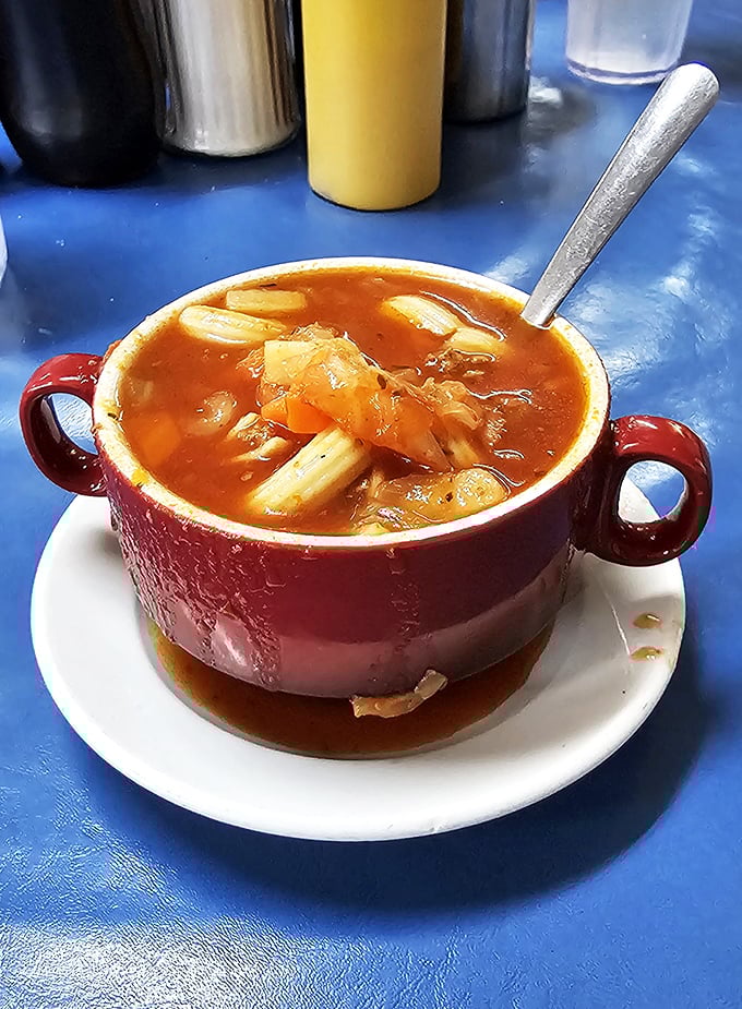 This isn't just soup—it's a steaming bowl of vegetable diplomacy where carrots and potatoes have achieved perfect harmony in a tomato-based United Nations.