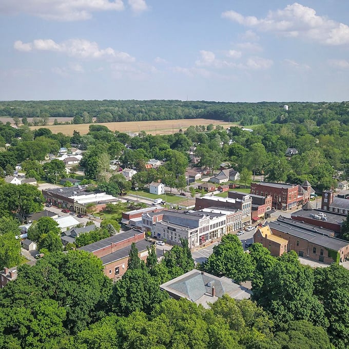 From above, New Harmony reveals its perfect proportions—a town nestled in greenery where utopian dreams found their earthly expression.