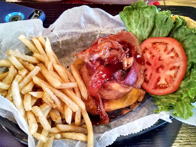 A dining room filled with the universal language of barbecue appreciation – notice nobody's looking at their phones. 