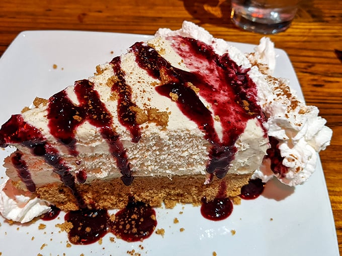 This isn't just dessert – it's sweet evidence that aliens understand our earthly cravings for creamy cheesecake with berry sauce and whipped cream.