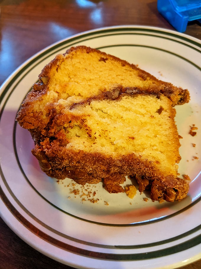 Coffee cake that bridges the gap between breakfast and dessert—the culinary equivalent of wearing pajamas to a formal event and somehow pulling it off.