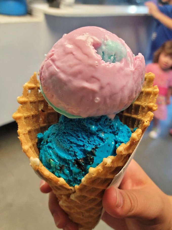 Blue and pink in perfect harmony, like a summer sunset captured in a waffle cone. This isn't just ice cream—it's edible optimism.