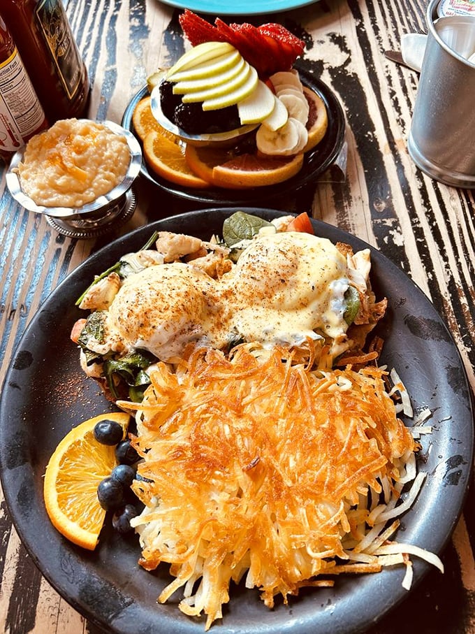 Benedict gets the Maryland treatment with crab and perfectly crispy hash browns—proof that breakfast and local pride can coexist beautifully on one plate.