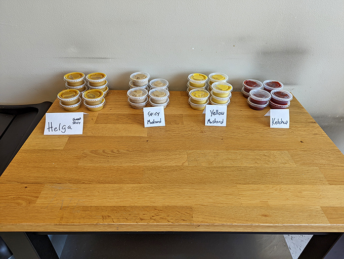 The dipping sauce selection: where Sweet Brown, Spicy Mustard, Yellow Mustard, and Ketchup await your pretzel-dunking pleasure.