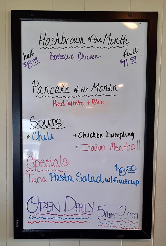 The "Hashbrown of the Month" board—proof that innovation doesn't require fancy ingredients, just creative ways to make potatoes even more delicious.