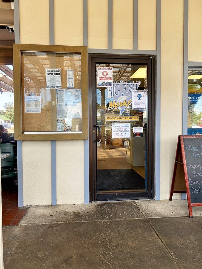 The unassuming entrance to Big Fish Market – where take-home treasures await those who want to extend the seafood celebration.