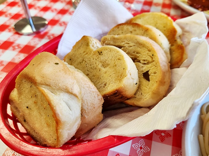 Garlic bread that's achieved the perfect balance of crisp exterior and soft interior—the ideal sauce-sopping tool for pasta enthusiasts who leave no drop behind.