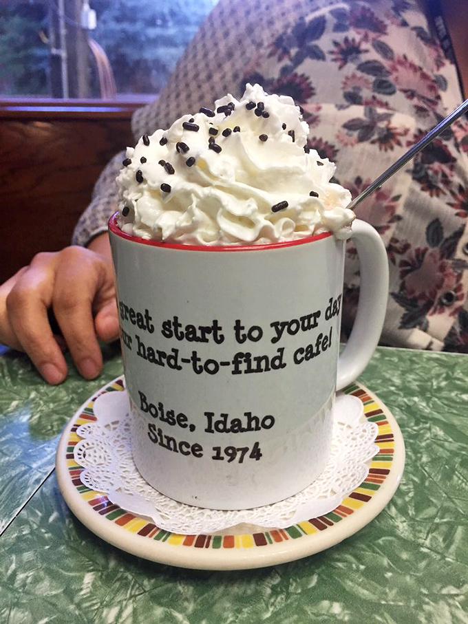 A great start to your day at our hard-to-find cafe. That mug says everything about the Chef's Hut philosophy—and the whipped cream with sprinkles is just a bonus.