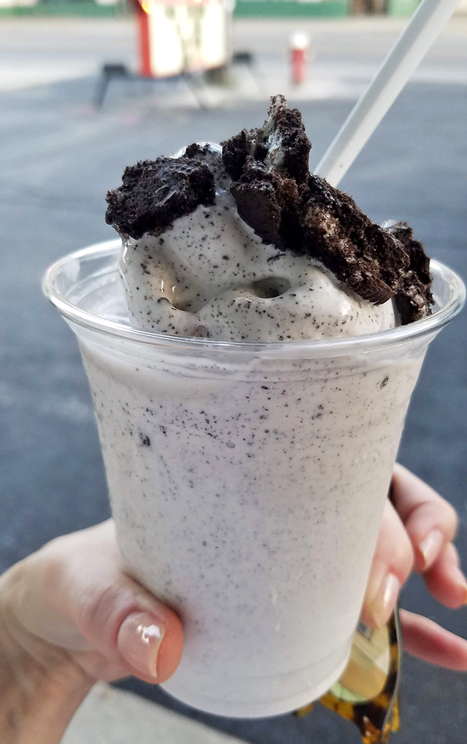 The cookies-and-cream shake isn't just blended—it's transformed into a monochromatic masterpiece that makes Oreos fulfill their highest purpose.