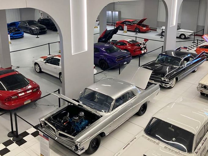 Classic American muscle cars share floor space with exotic supercars, demonstrating that automotive passion knows no borders – just beautiful engineering.
