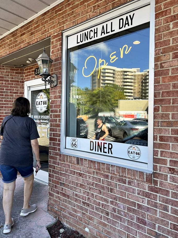 The entrance promises "LUNCH ALL DAY" in bold letters—a commitment to feeding you properly no matter when hunger strikes.