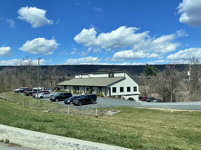 Valley Bistro from a distance—unassuming royalty on a Pennsylvania hillside. Those filled parking spaces tell the real story.
