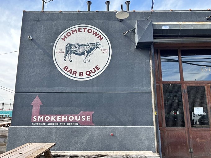 The iconic Hometown Bar-B-Que sign promises smoked perfection around the corner—the barbecue equivalent of "follow the yellow brick road."