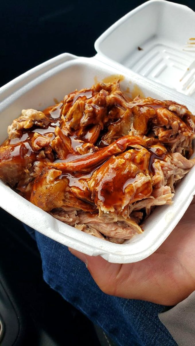 Pulled pork glistening with sauce like it just stepped out of a barbecue fashion magazine. This isn't food; it's edible art.