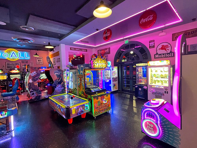 The arcade room glows with neon promises of high scores and friendly competition—because nothing settles a dessert like a round of skee-ball.