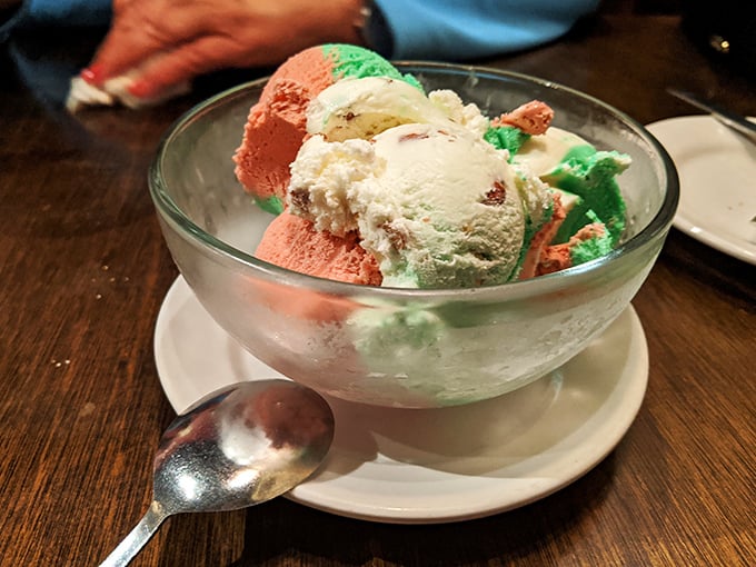 The ice cream finale—a tri-colored tribute to Italy that cools the palate but warms the soul. The perfect curtain call to a memorable meal.