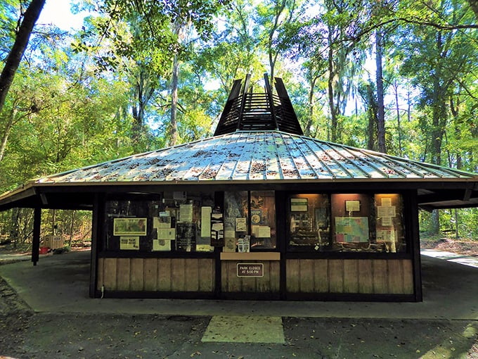 This distinctive pavilion serves as gatekeeper to Florida's geological wonderland. Its unique design hints at the unusual experience that awaits.