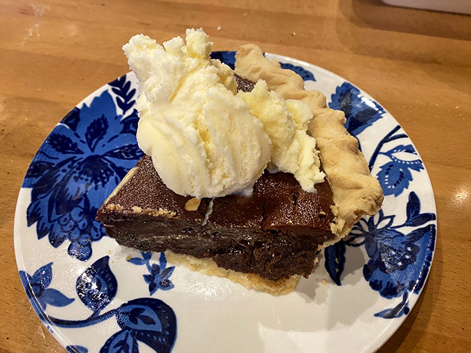 Chocolate pie that makes closing your eyes while taking a bite completely involuntary. That scoop of vanilla ice cream is just showing off.