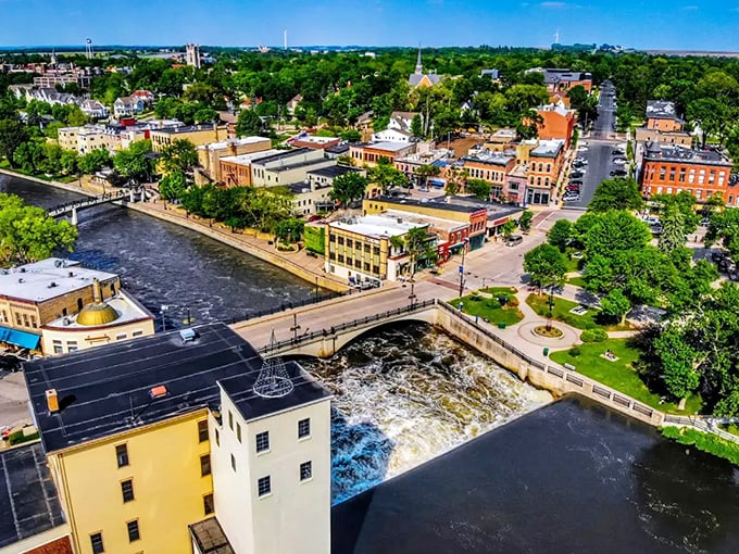 From this bird's-eye view, you can see how the Cannon River doesn't just run through Northfield – it embraces it like an old friend.