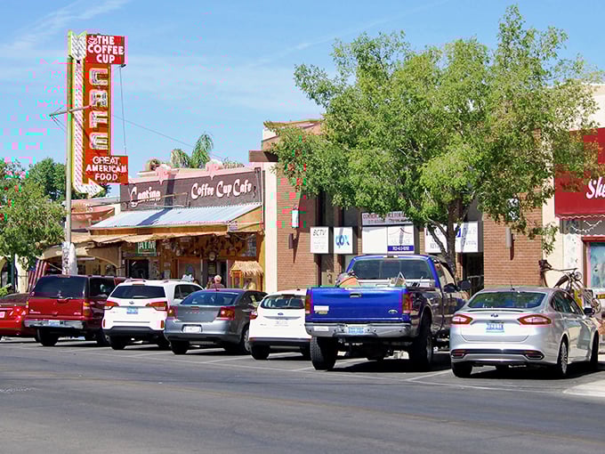Boulder City's Coffee Cup Cafe stands proud with its iconic neon sign – a slice of Americana where breakfast dreams come true.