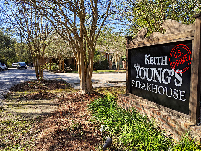 Keith Young's Steakhouse entrance beckons with rustic charm. That "U.S. PRIME" stamp isn't just decoration—it's a delicious promise.