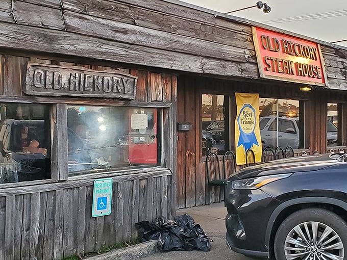 Old Hickory's weathered wooden exterior tells you everything – this place cares about steaks, not showing off.