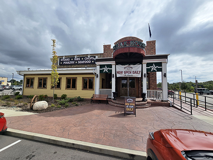Saltgrass Steak House beckons with its rustic brick entrance – like a Texas ranch that took a wrong turn and landed in Mishawaka. In a good way!