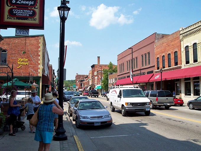 Stillwater's Main Street – where brick buildings and vintage charm make you feel like you've stepped into a Norman Rockwell painting with better parking options.