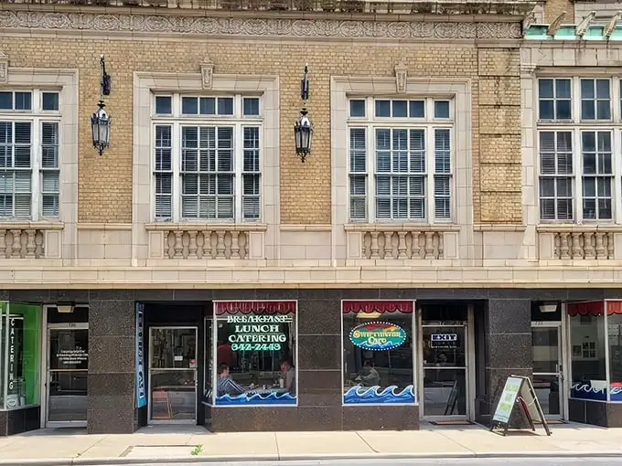 Swiftwater Cafe's storefront beckons like an old friend. Those blue wave designs promise a tsunami of breakfast delights inside!