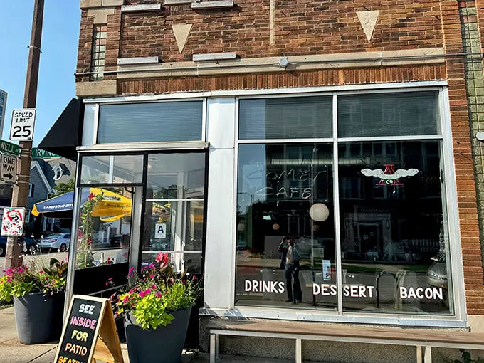 The Comet Cafe's storefront promises three essentials of life: "DRINKS DESSERT BACON." A manifesto I can fully support!