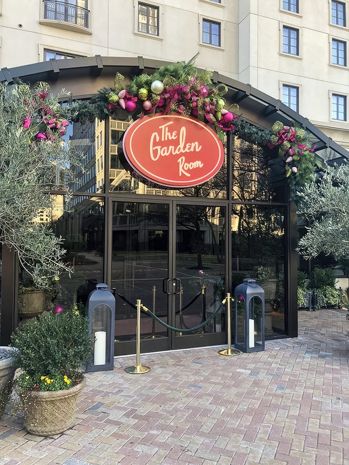 Nature's grand entrance! This floral archway isn't just Instagram bait—it's your portal to Atlanta's most blooming marvelous dining experience.