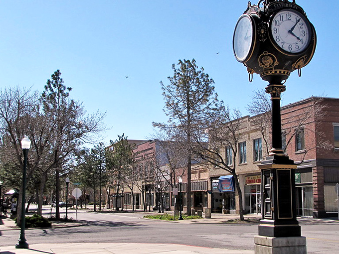 Downtown Twin Falls charms with its classic brick buildings and vintage street clock – small-town Idaho at its most picturesque.