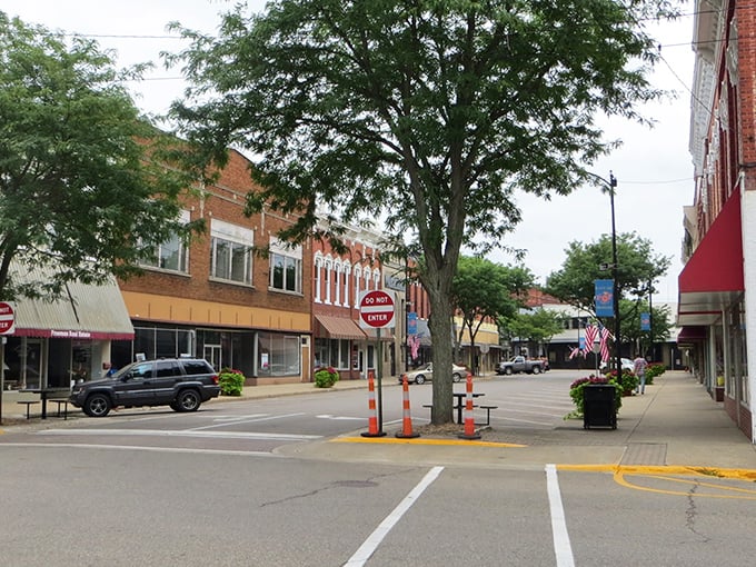 Historic brick buildings stand shoulder to shoulder in downtown Allegan, where your Social Security check stretches like a yoga instructor.