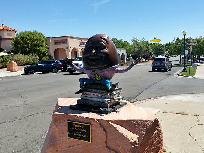 Downtown Boulder City welcomes visitors with quirky public art – this smiling egg sculpture might just be the most cheerful bookworm in Nevada!