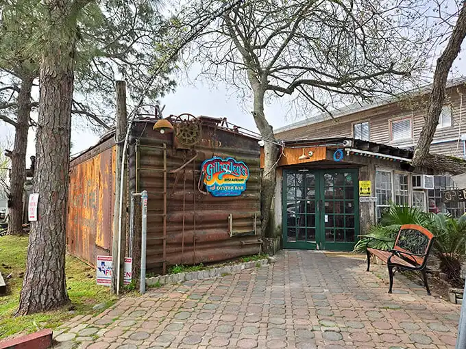 The rusty corrugated walls and bright teal door of Gilhooley's say, "We're too busy making amazing oysters to paint."