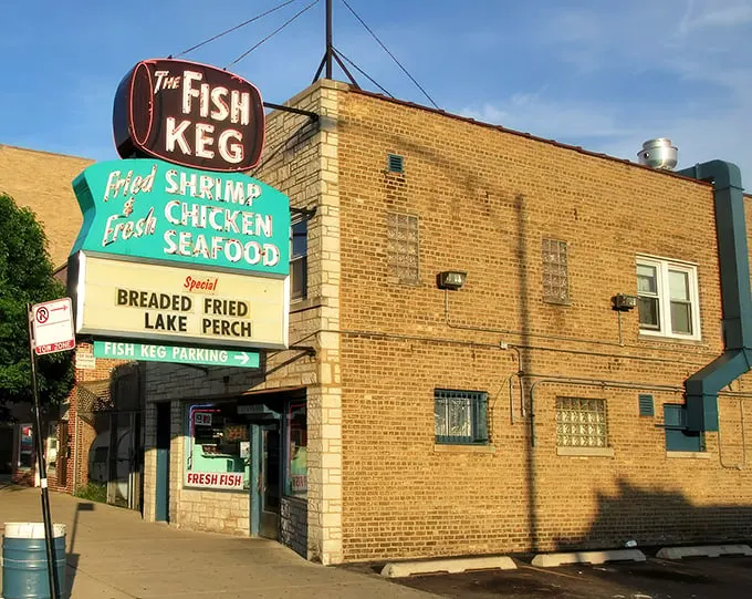 That classic neon glow isn't just a sign—it's a beacon of hope for crispy seafood lovers. The Fish Keg's humble exterior hides Chicago's crunchiest treasures.