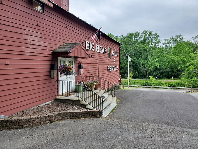 The rustic red exterior of Big Bear Gear stands as a reminder that adventure awaits just beyond Lambertville's antiquing paradise.