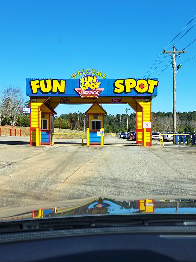 The entrance says it all – bold, bright, and completely unpretentious. Like a neon welcome mat to your childhood memories, just supersized.