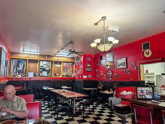 Red walls, checkered floors, and the promise of comfort food. This isn't just a diner—it's a time machine with hash browns.
