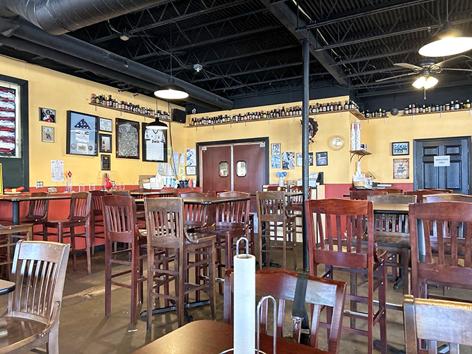 High ceilings, wooden chairs, and walls adorned with accolades – Pappy's dining room is where barbecue dreams come true, not fancy, just focused.