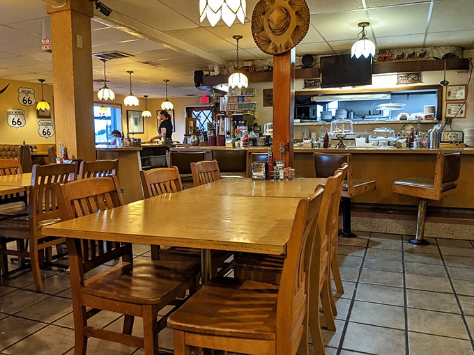 Inside, Route 66 memorabilia and stained glass pendant lights create that perfect diner atmosphere where comfort isn't just on the menu—it's in the air.