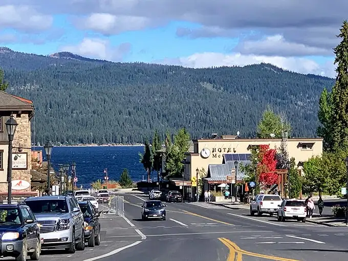 The view that sells real estate: Payette Lake framed by forested mountains, with the Hotel McCall standing sentry to adventures both liquid and landlocked.