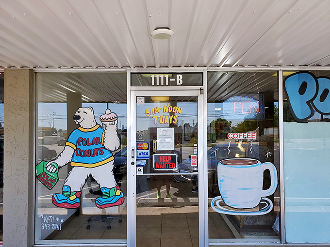 Meet the unofficial greeter of Polar Donuts – a cartoon bear with serious sneaker game and an even more serious love for fried dough.