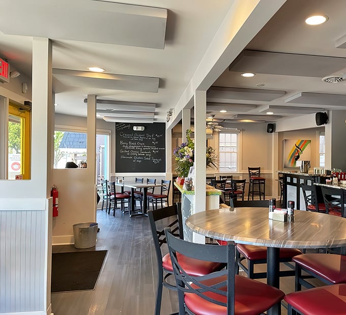 Clean lines and coastal charm create the perfect backdrop for serious breakfast conversations and even more serious eating.