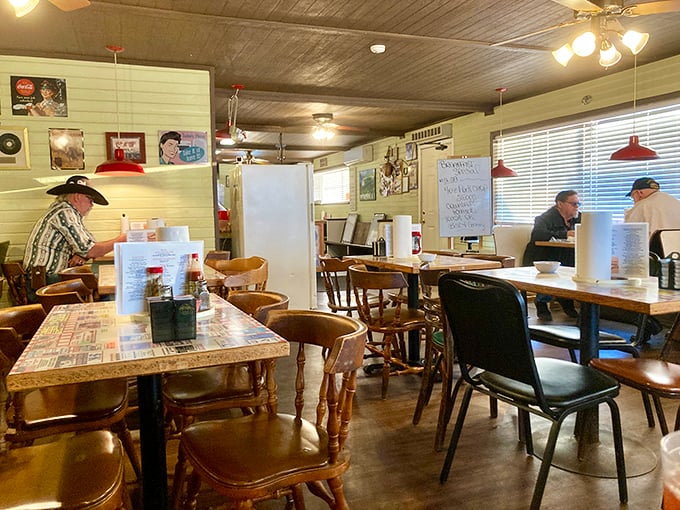 Step inside and time travel to when conversations happened face-to-face and coffee refills were unlimited. That wood-paneled ceiling has heard it all.
