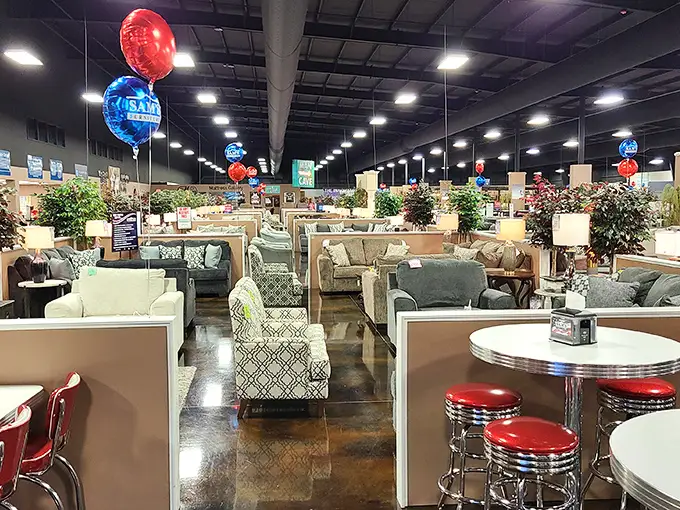 A furniture paradise stretches before you with colorful balloons floating overhead, like a sophisticated adult playground where comfort is the ultimate prize.