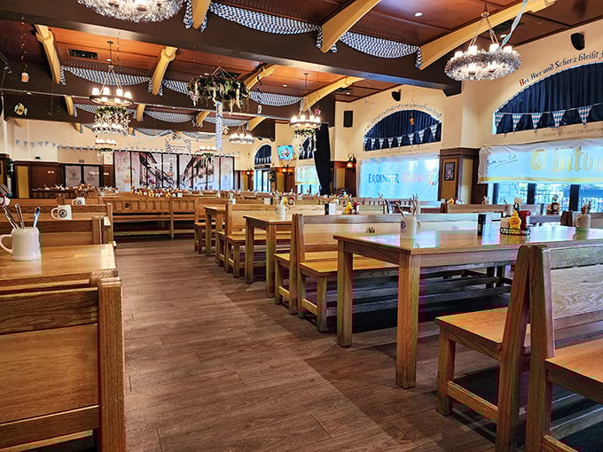 Long wooden tables await new friendships and beer-fueled conversations under traditional chandeliers. The Germans call this gemütlichkeit—I call it heaven.
